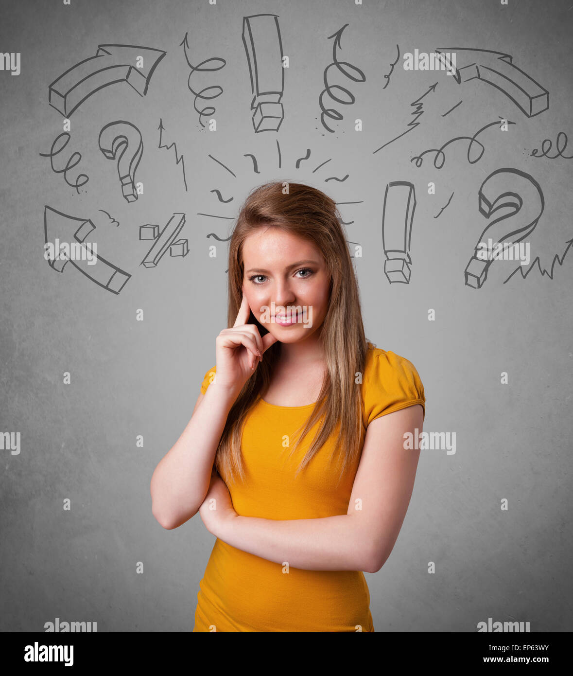Cute young girl with question sign doodles Stock Photo - Alamy