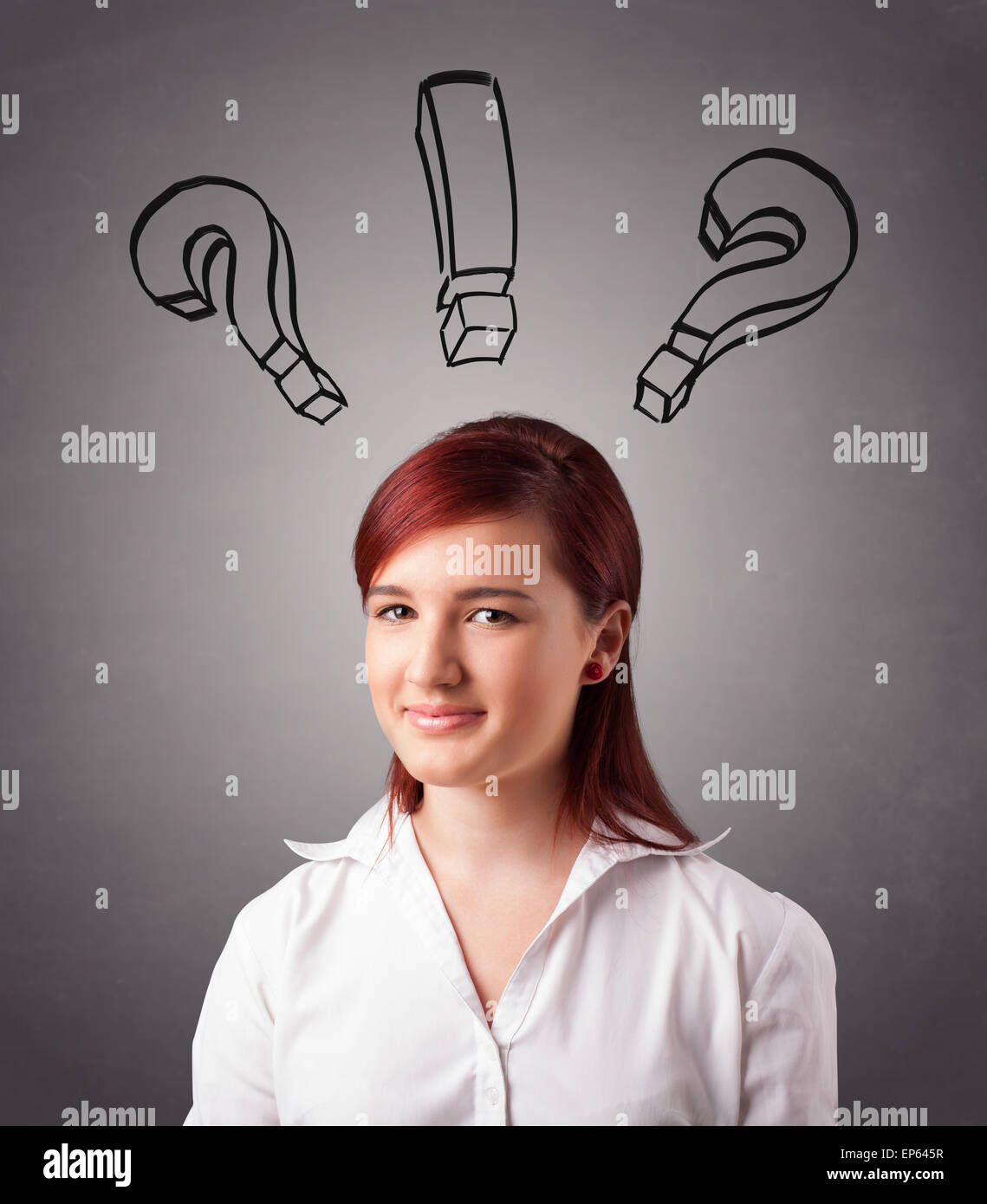 Young lady thinking with question marks overhead Stock Photo - Alamy