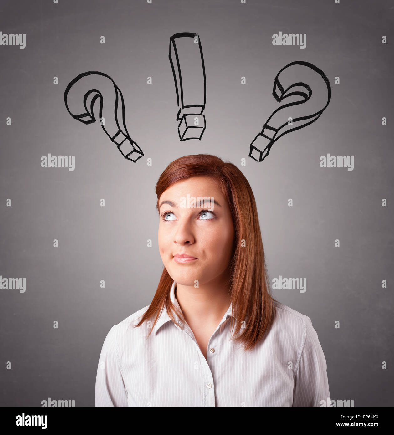 Young lady thinking with question marks overhead Stock Photo - Alamy