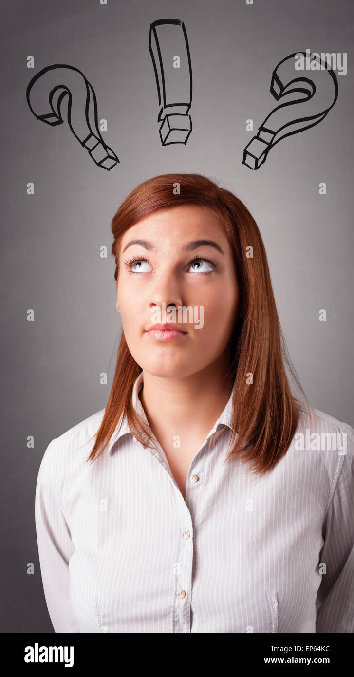 Young lady thinking with question marks overhead Stock Photo - Alamy