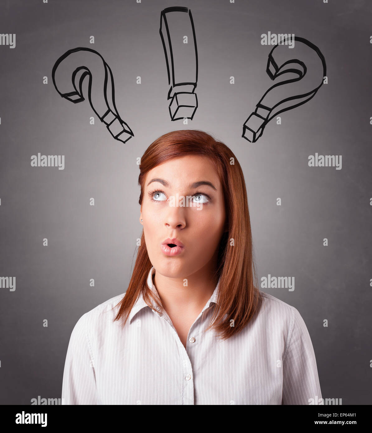 Young lady thinking with question marks overhead Stock Photo - Alamy