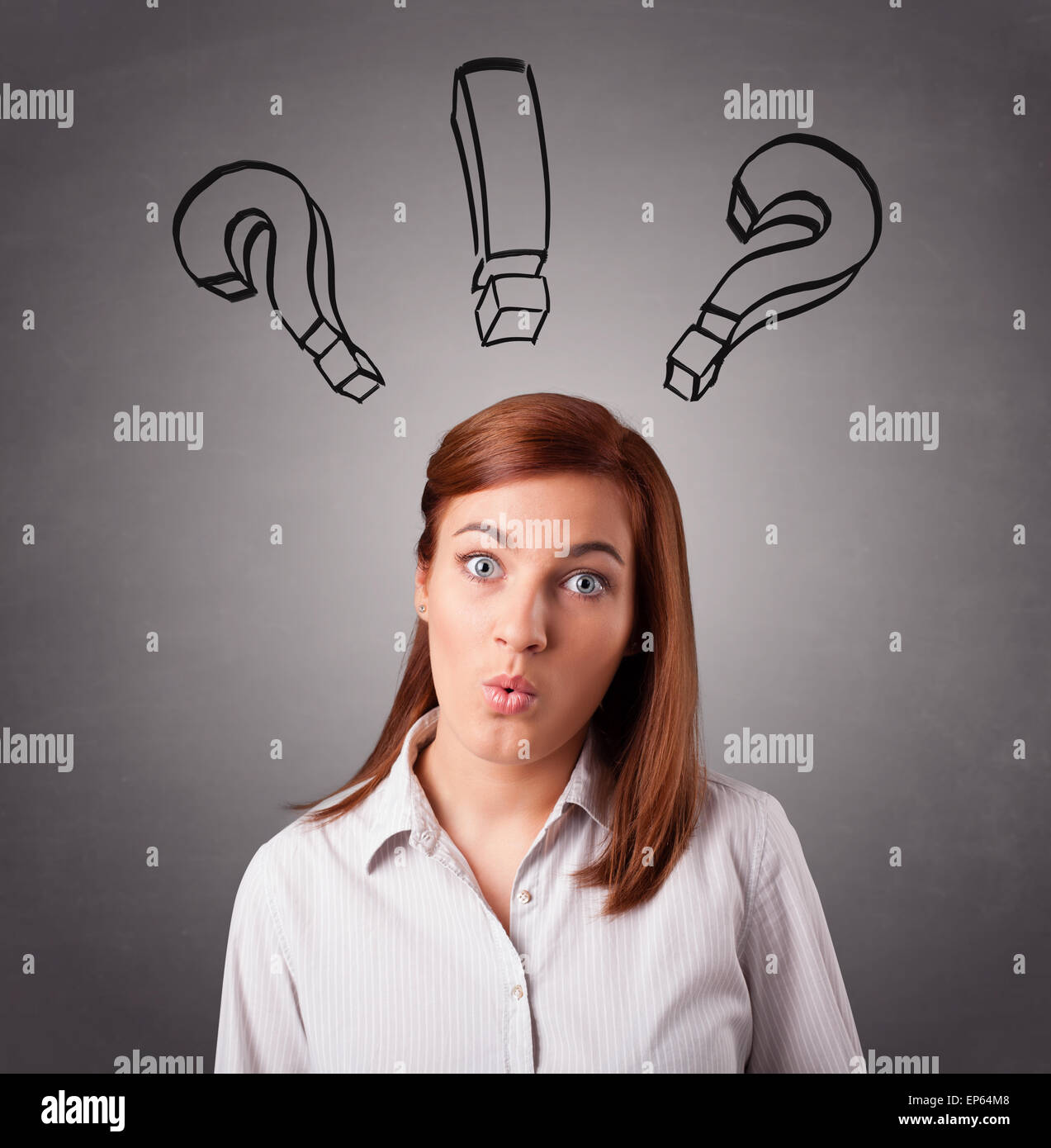Young lady thinking with question marks overhead Stock Photo - Alamy