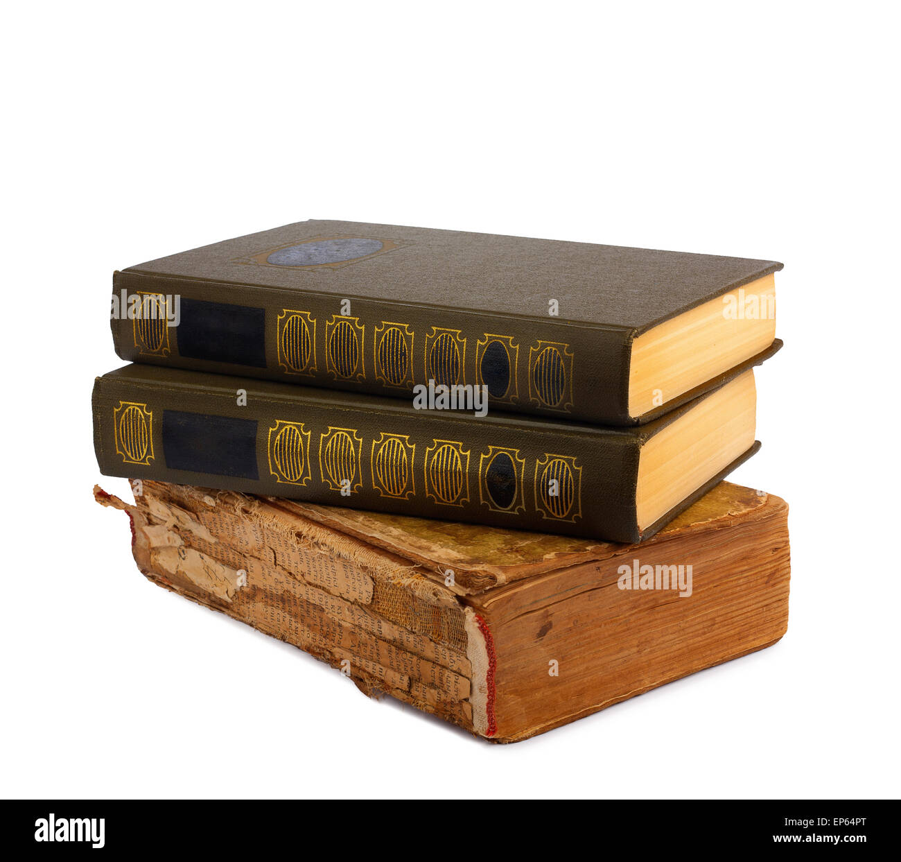 A stack of old books with gold stamping on a white background isolated ...