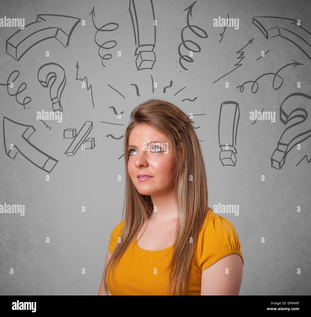 Cute young girl with question sign doodles Stock Photo - Alamy