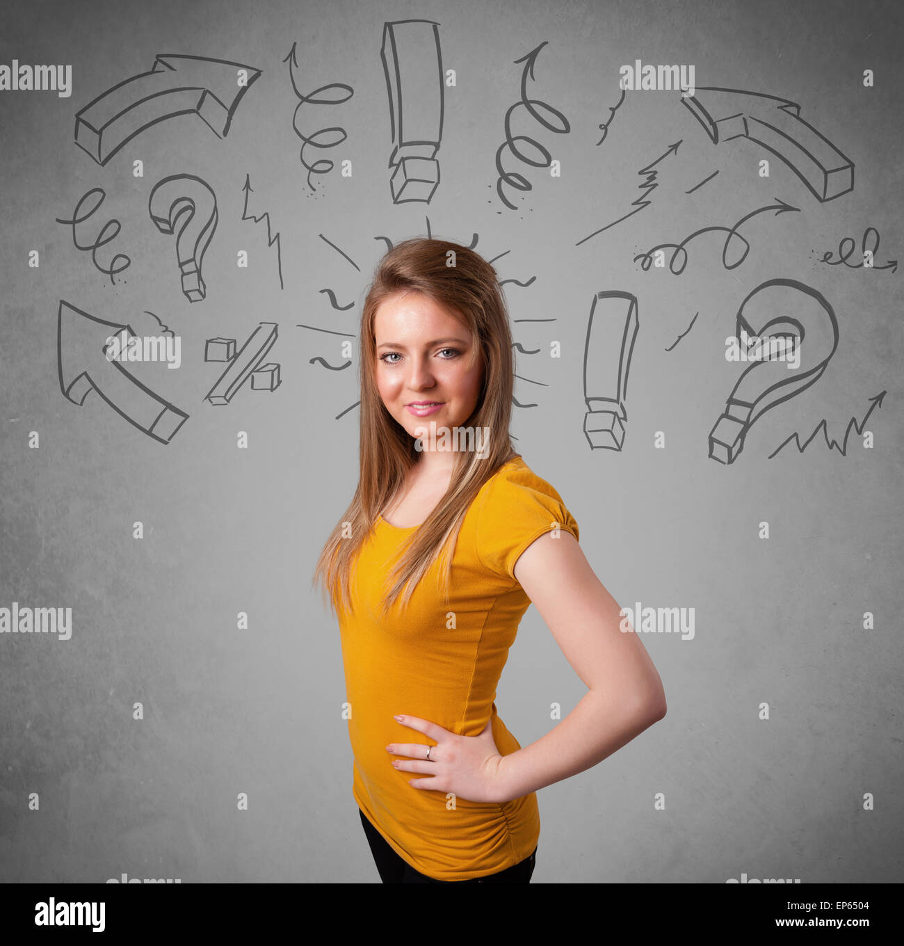 Cute young girl with question sign doodles Stock Photo - Alamy