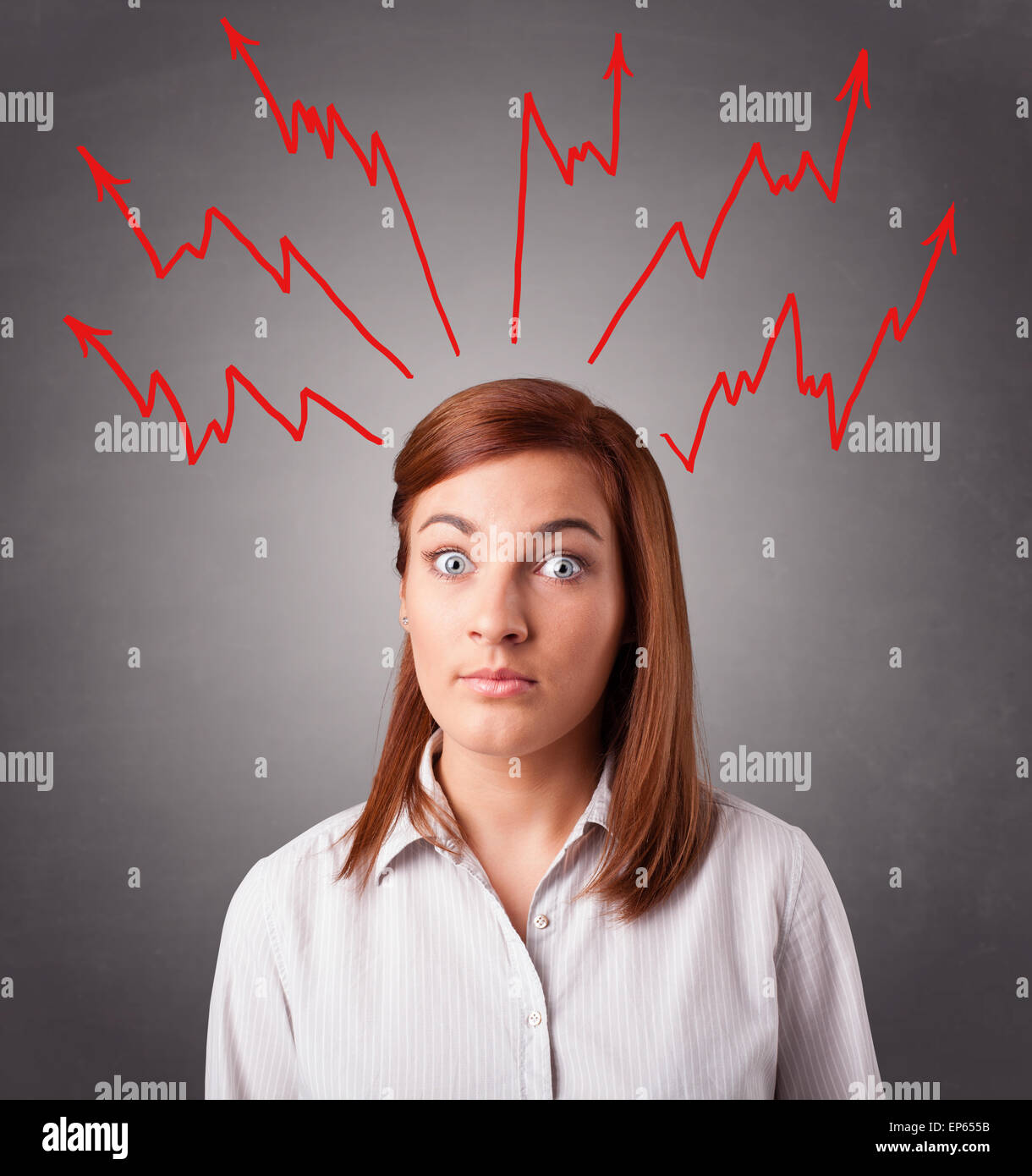 Young woman thinking with arrows overhead Stock Photo - Alamy