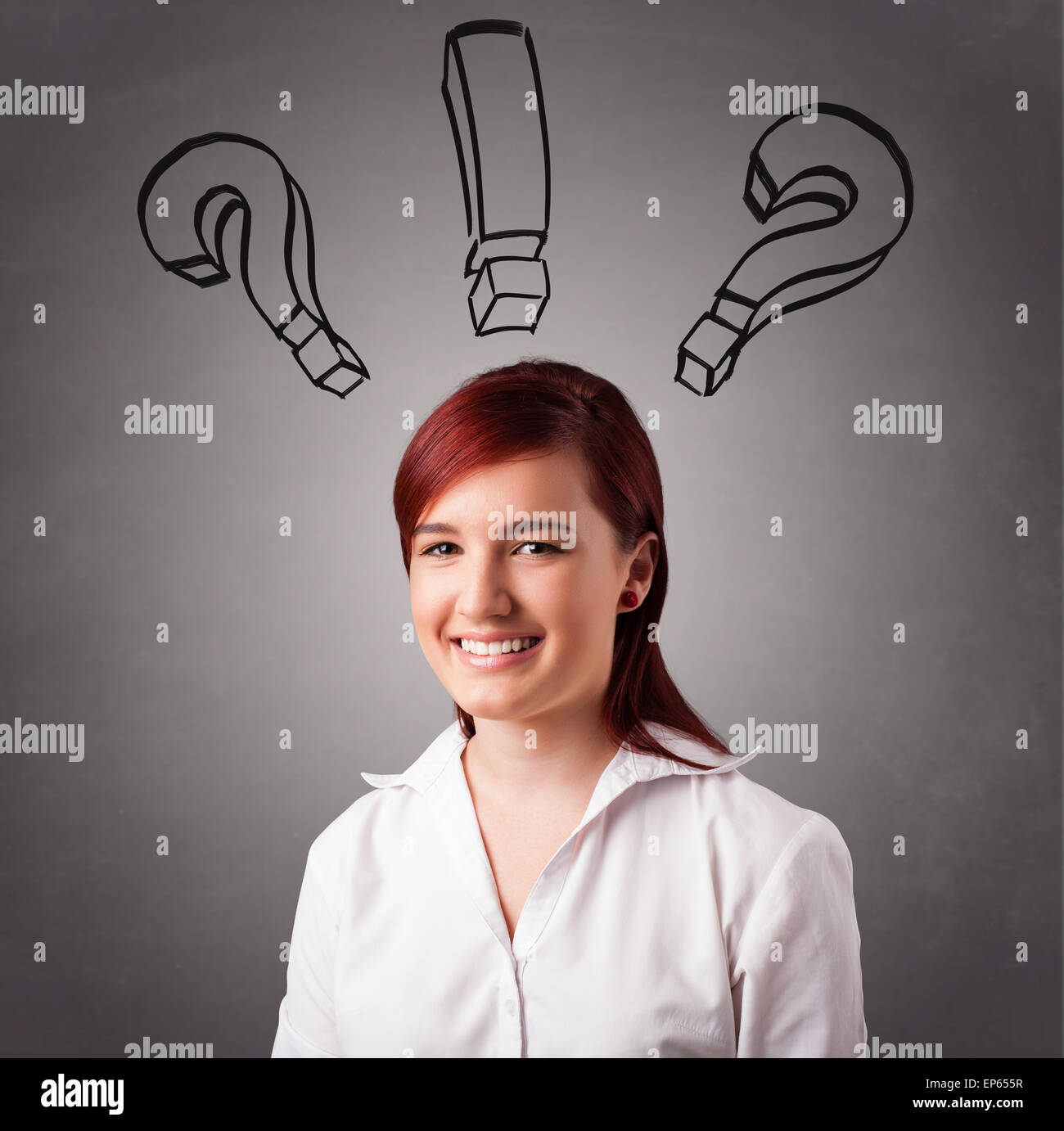 Young lady thinking with question marks overhead Stock Photo - Alamy