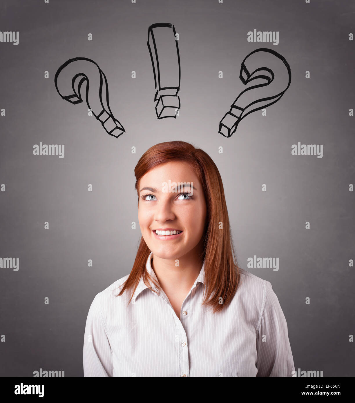 Young lady thinking with question marks overhead Stock Photo - Alamy