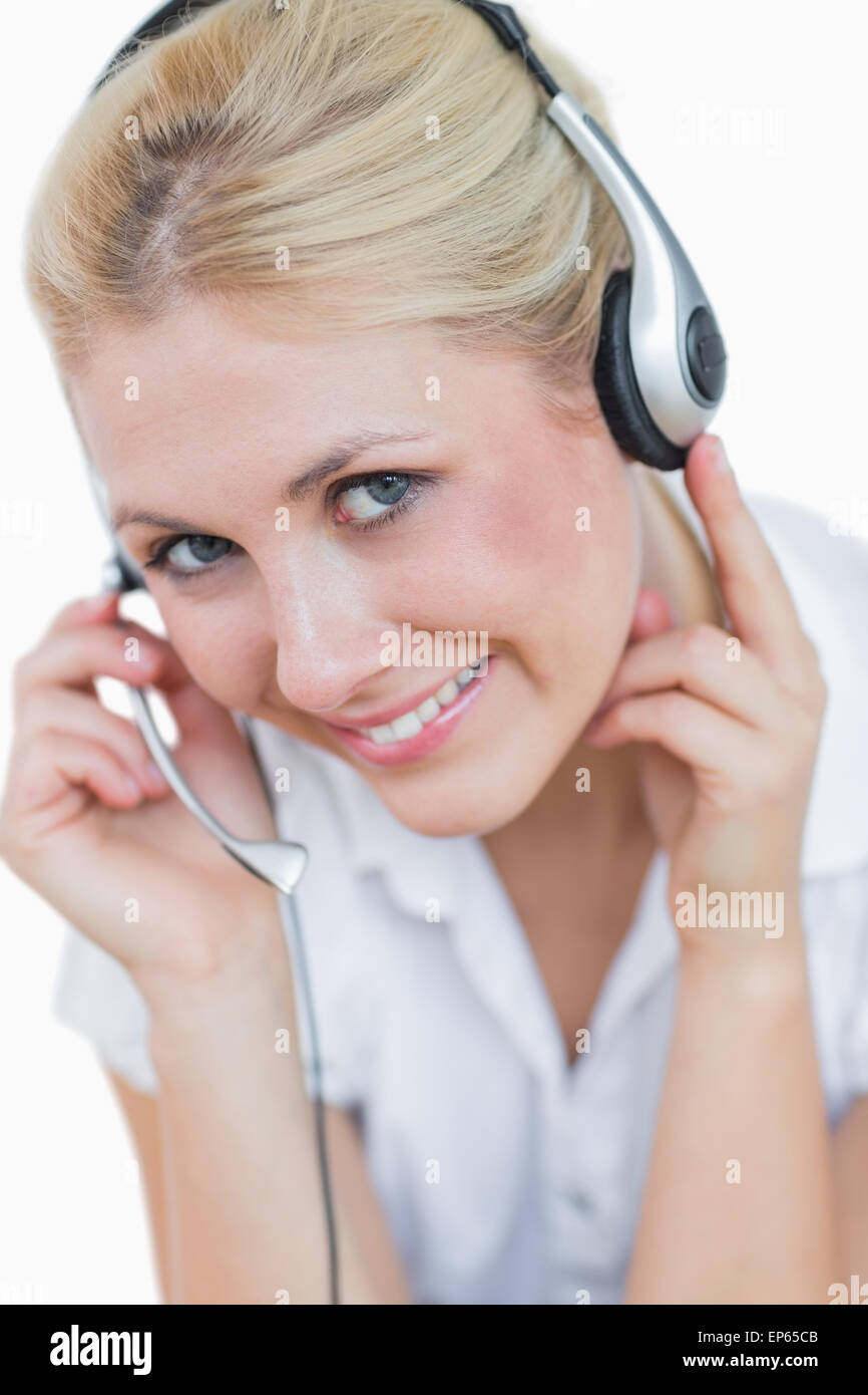Closeup portrait of female executive wearing headset Stock Photo - Alamy
