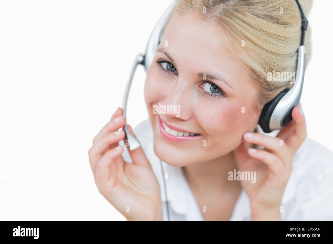 Closeup portrait of young female executive wearing headset Stock Photo ...