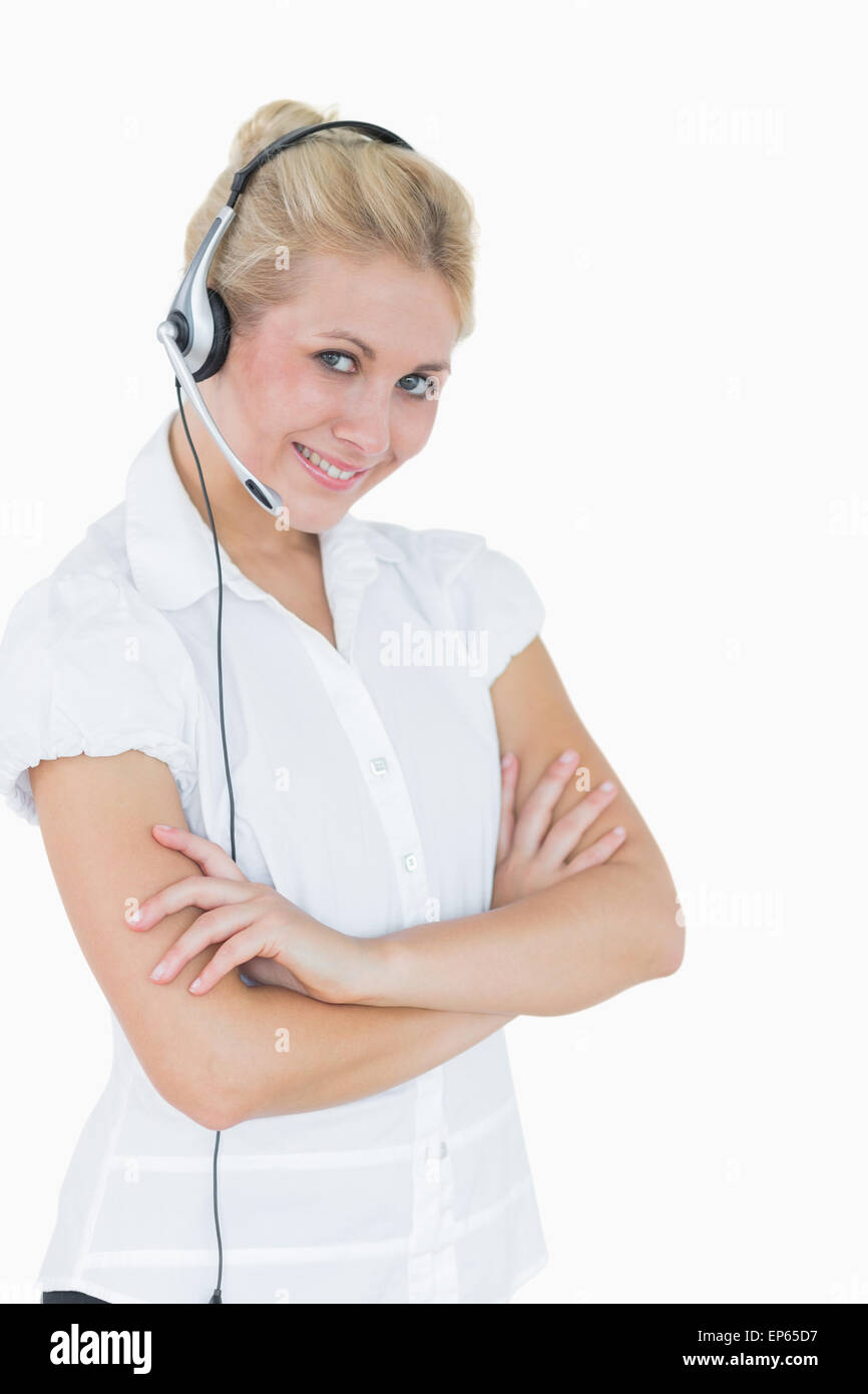 Portrait of young female executive wearing headset Stock Photo - Alamy