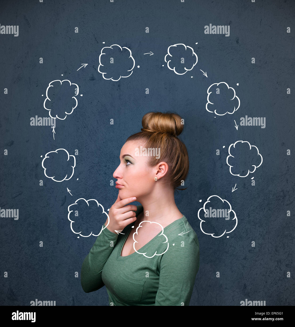 Young woman thinking with cloud circulation around her head Stock Photo ...