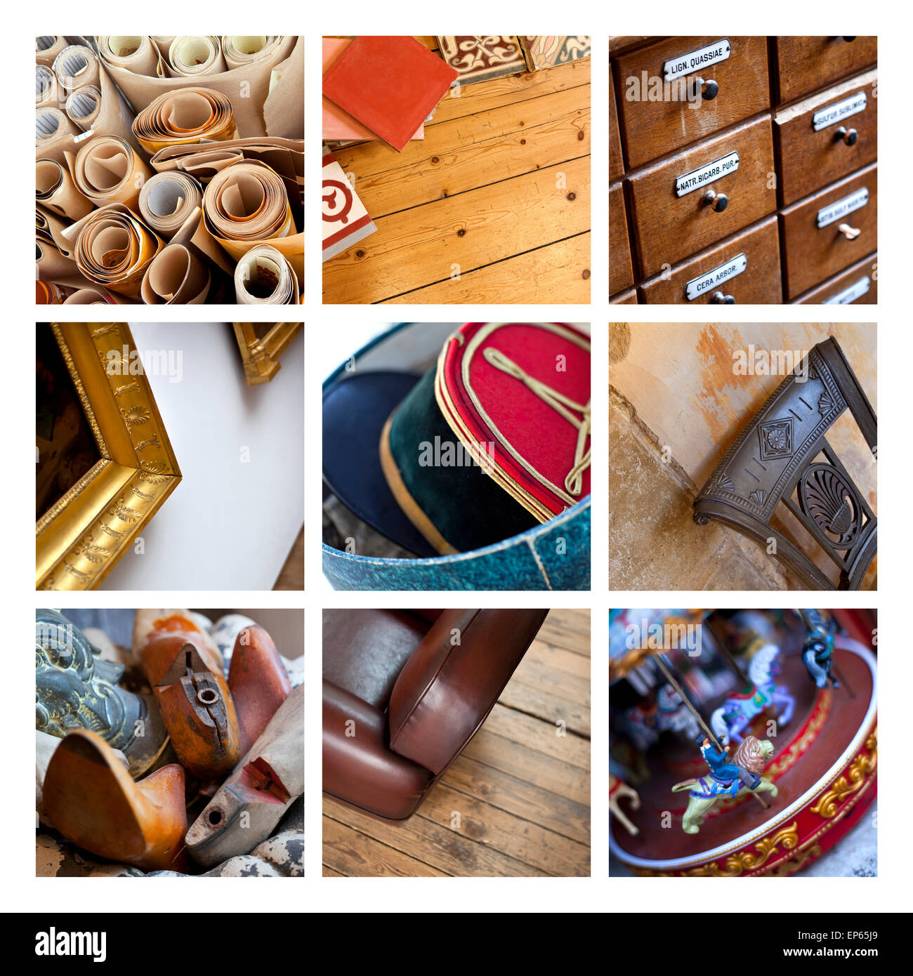 Close up of material and old objects on a collage Stock Photo - Alamy