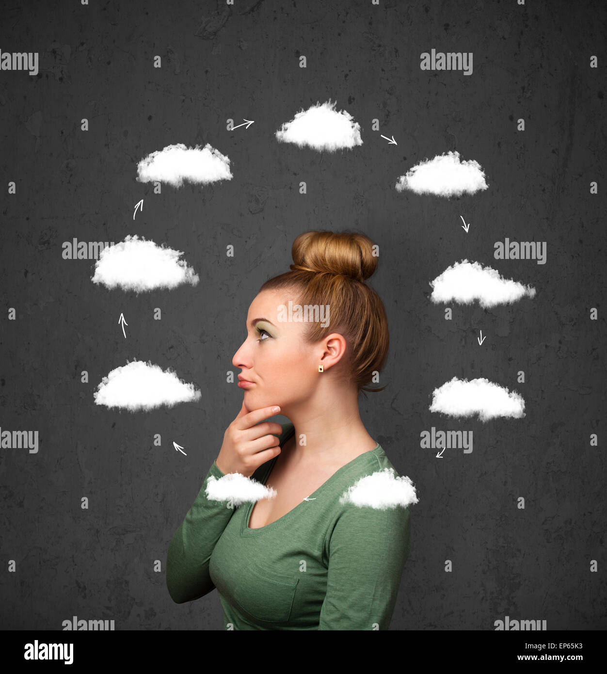 Young woman thinking with cloud circulation around her head Stock Photo ...