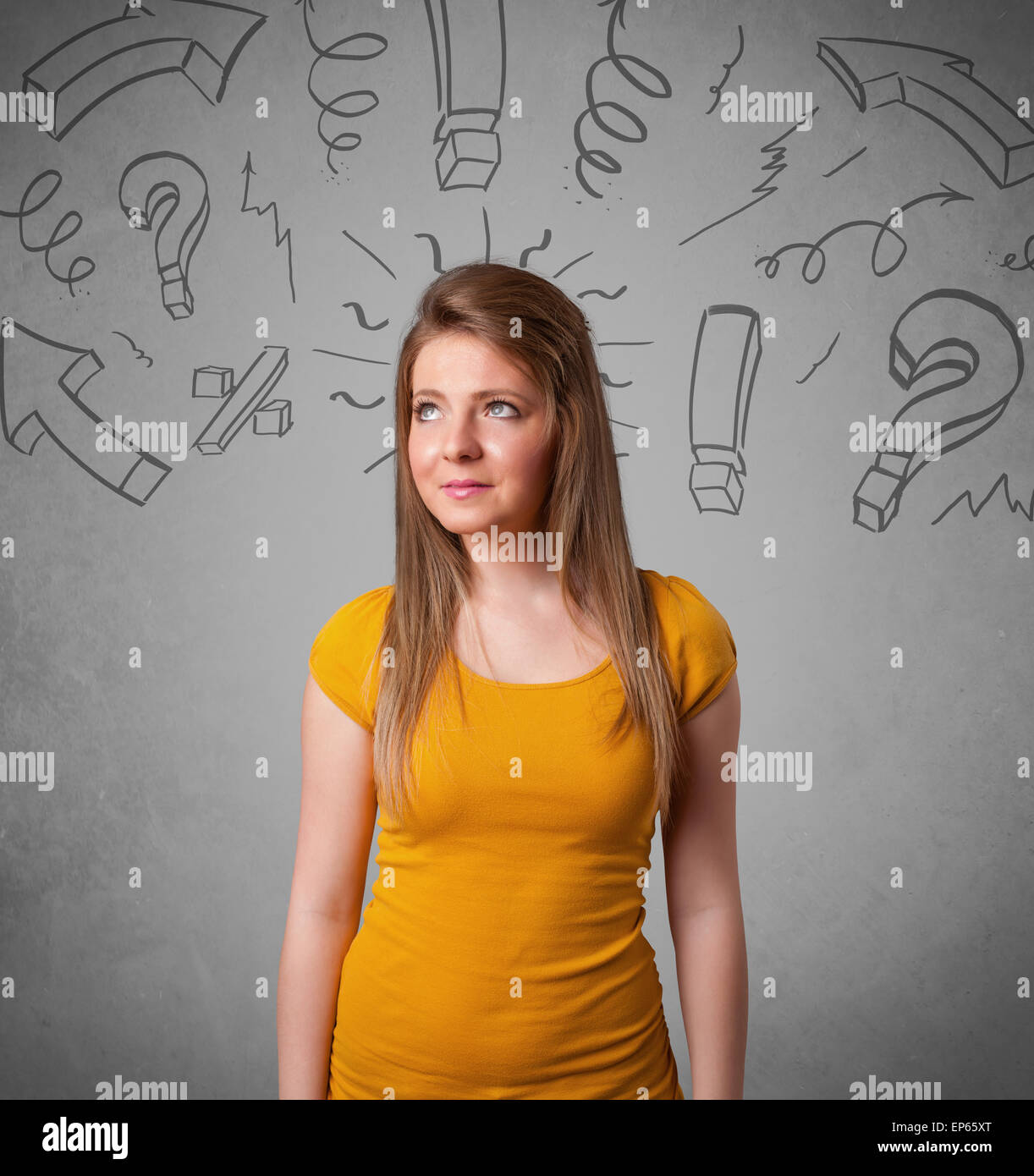 Cute young girl with question sign doodles Stock Photo - Alamy