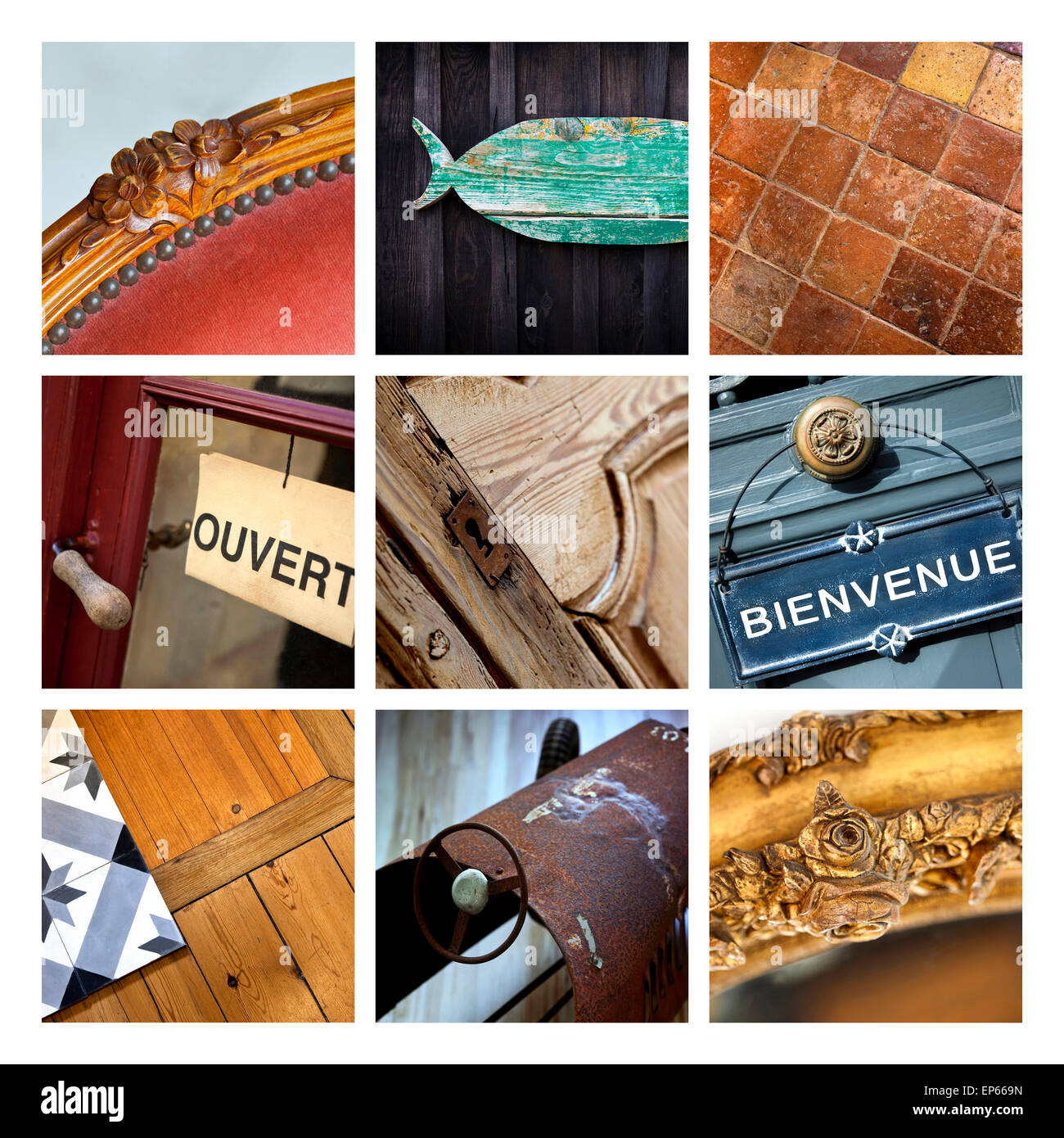 Close up of material and old objects on a collage Stock Photo - Alamy