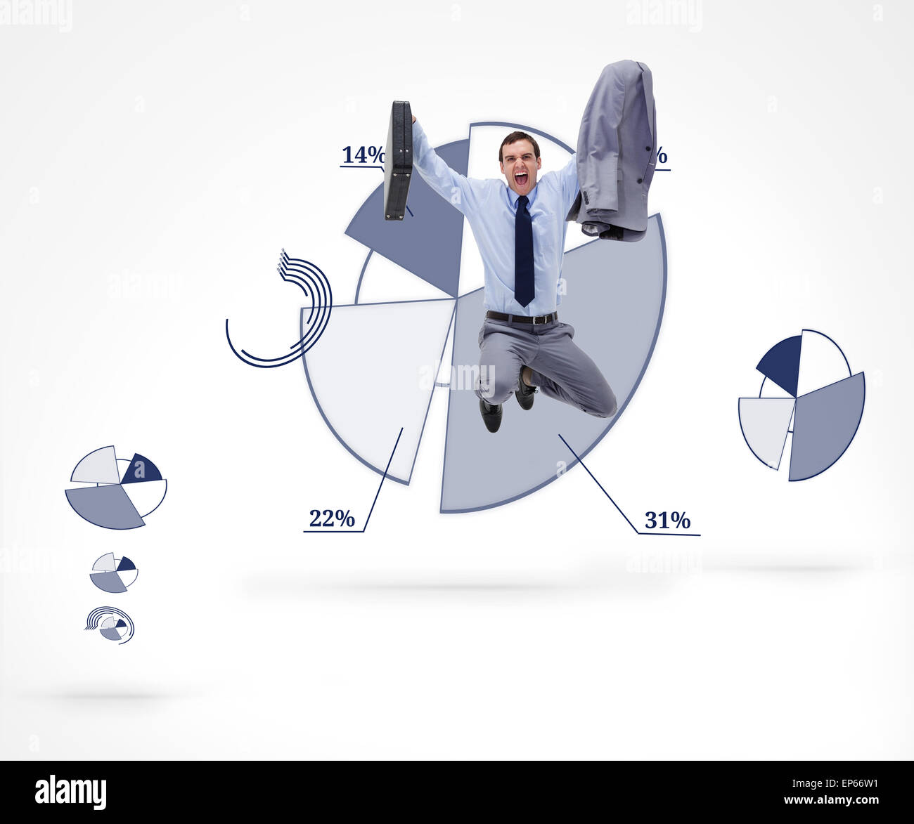 Businessman jumping against a graphical pie in background Stock Photo ...