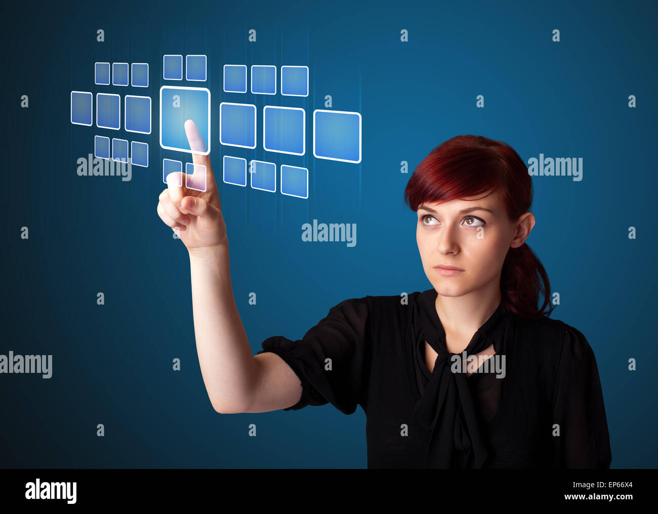 Businesswoman pressing high tech type of modern buttons Stock Photo - Alamy