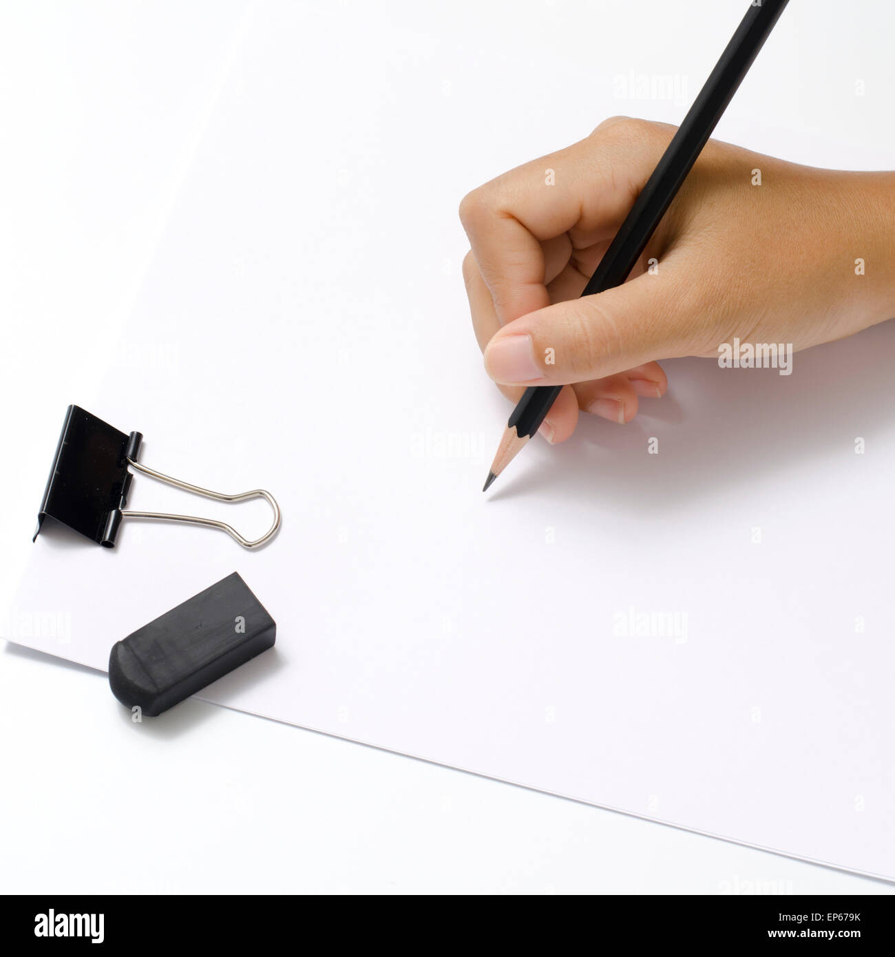 asia woman right hand writing with black pencil on paper over white ...