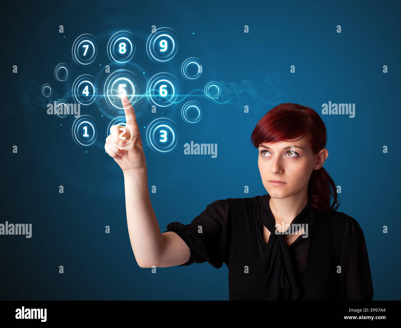 Businesswoman pressing high tech type of modern buttons Stock Photo - Alamy