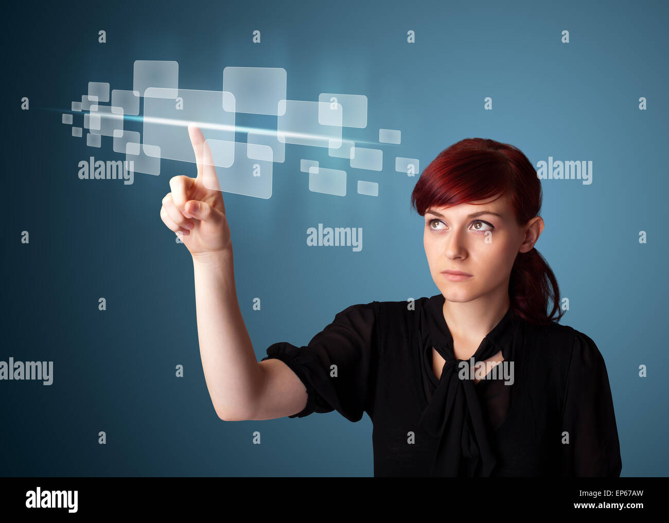 Businesswoman pressing high tech type of modern buttons Stock Photo - Alamy