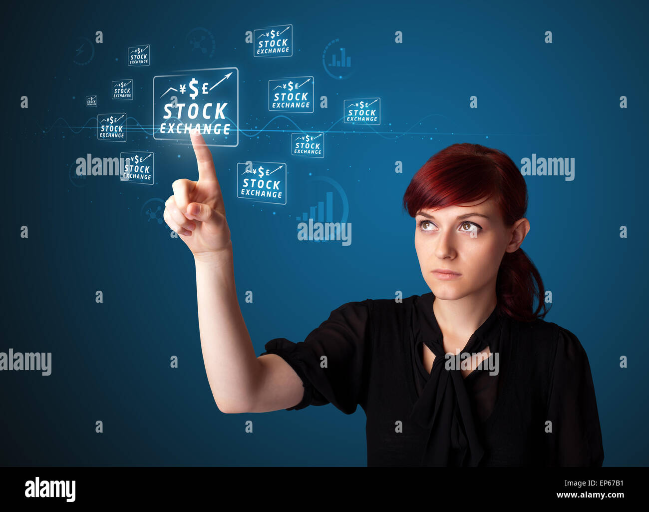 Businesswoman pressing modern business type of buttons Stock Photo - Alamy