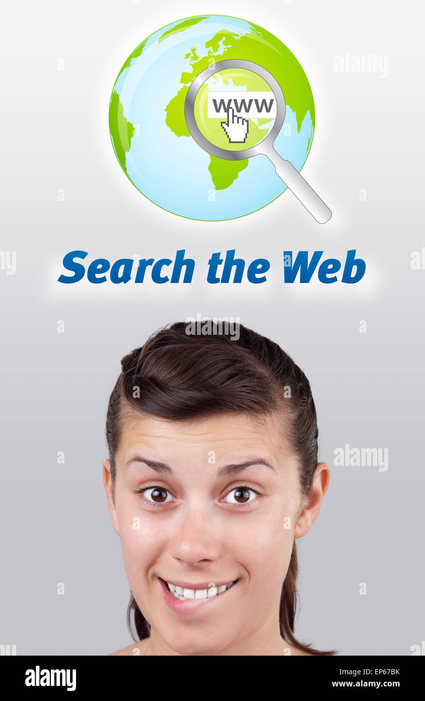 Young girl looking at internet type of icons Stock Photo - Alamy