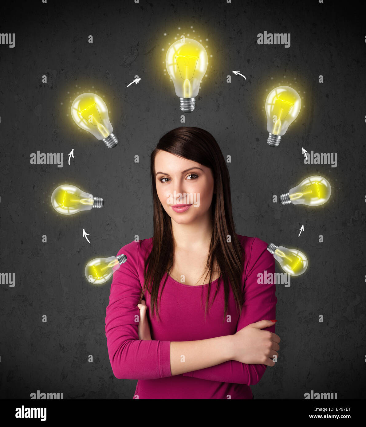 Young woman thinking with lightbulb circulation around her head Stock ...