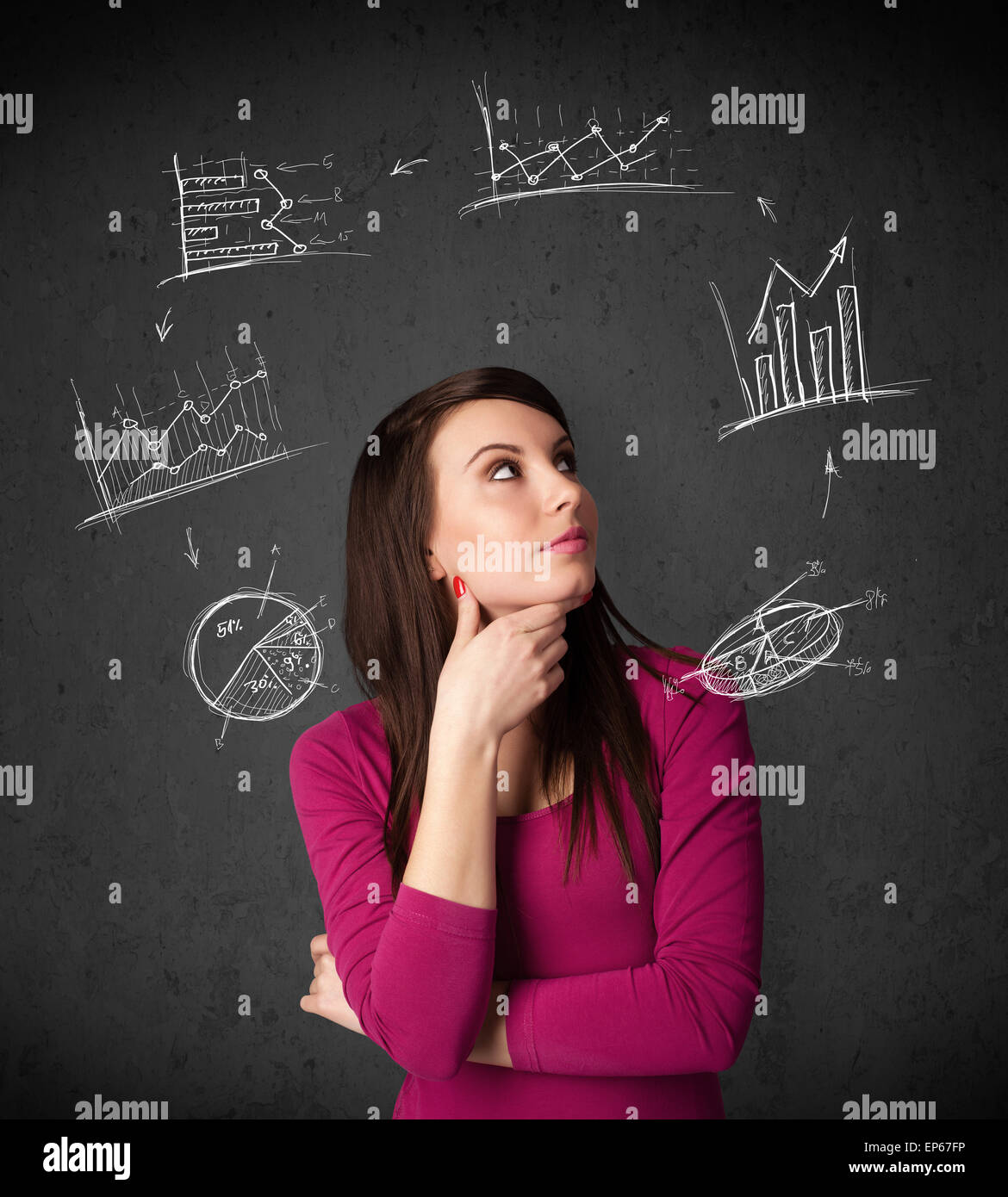 Young woman thinking with charts circulation around her head Stock ...