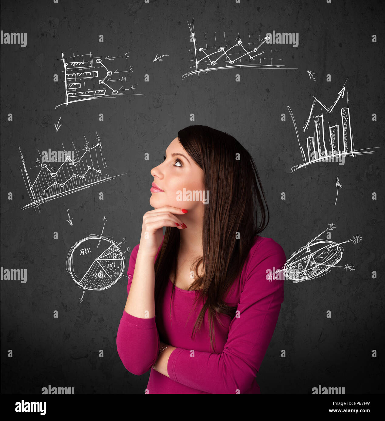Young woman thinking with charts circulation around her head Stock ...