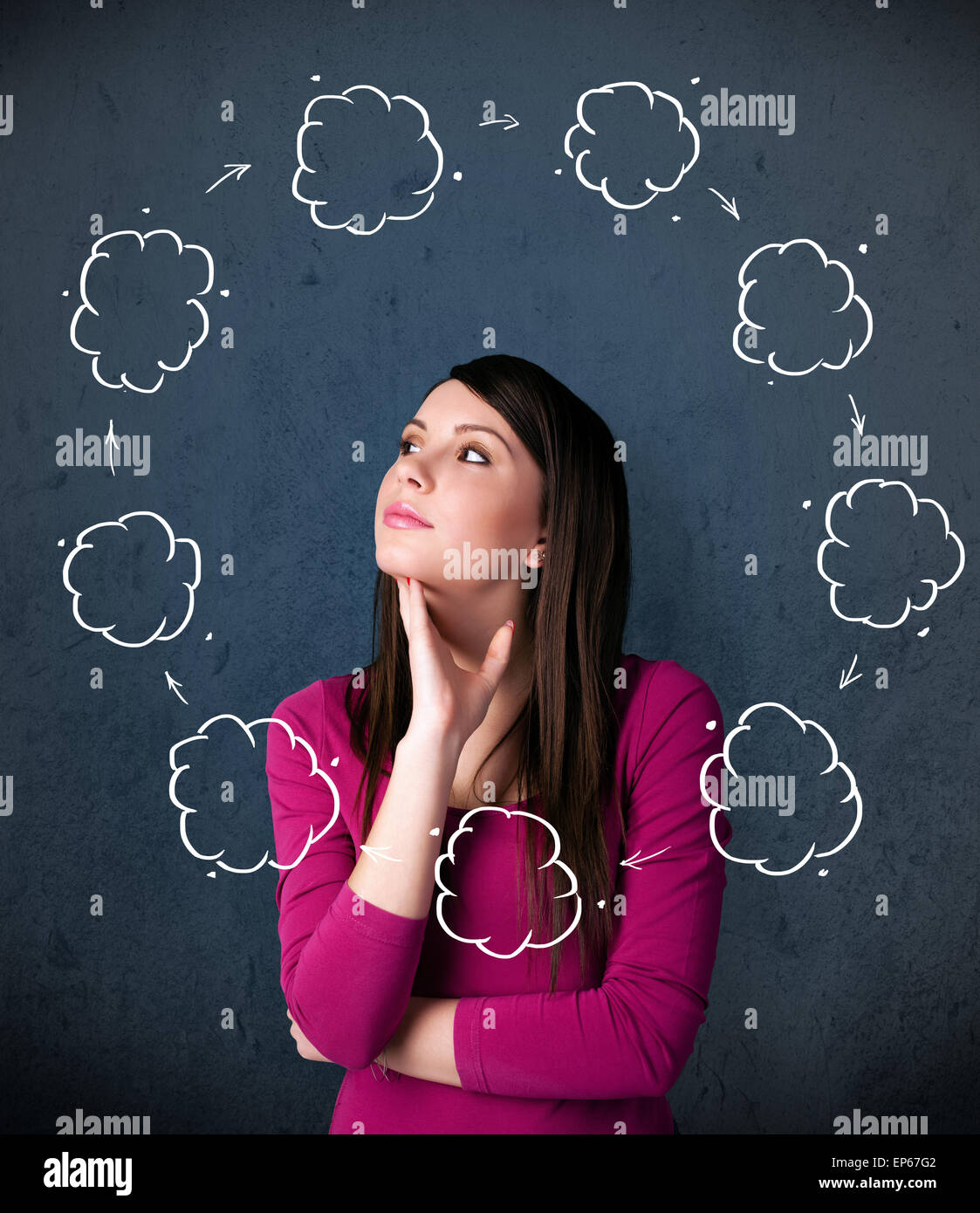 Young woman thinking with cloud circulation around her head Stock Photo ...