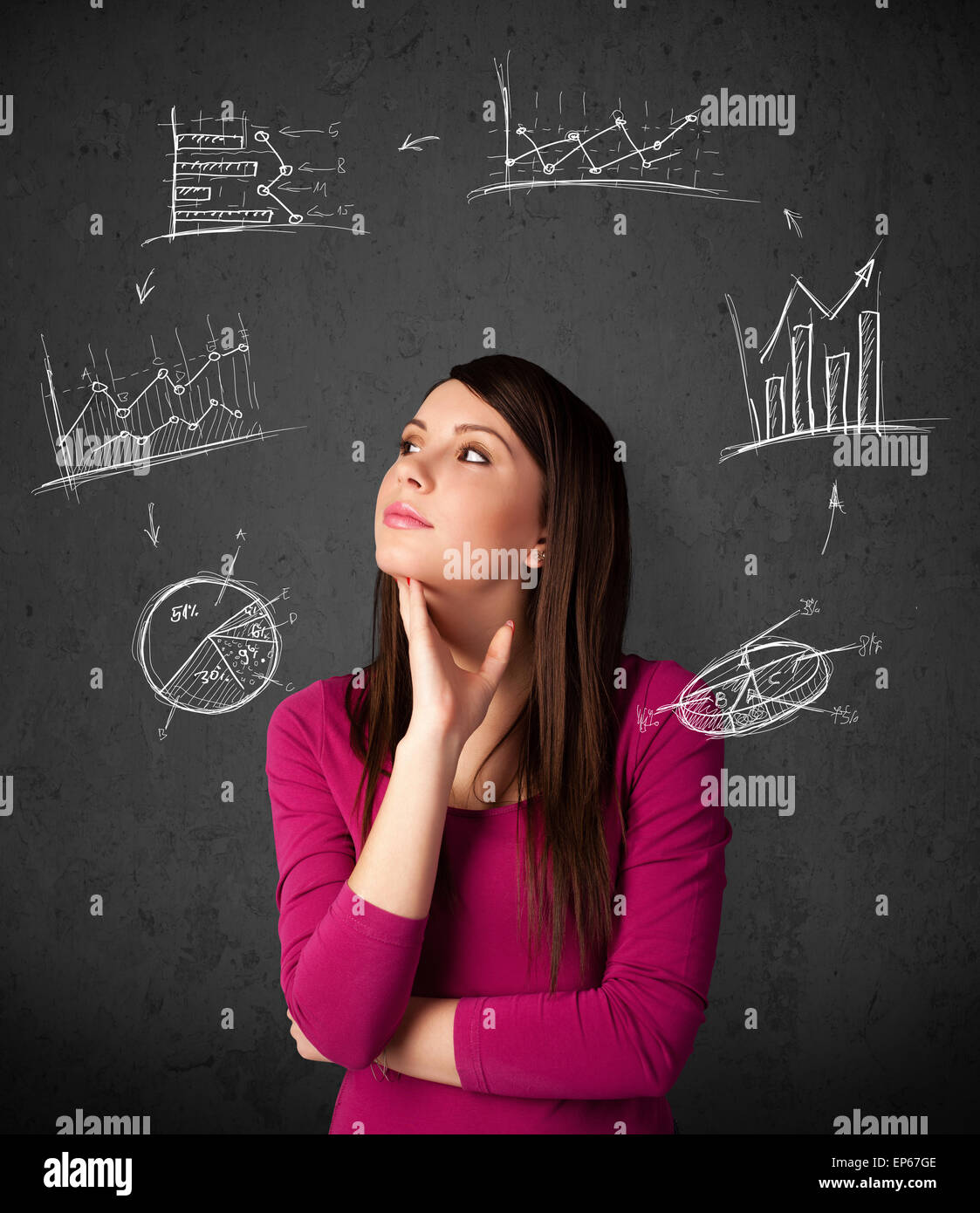 Young woman thinking with charts circulation around her head Stock ...