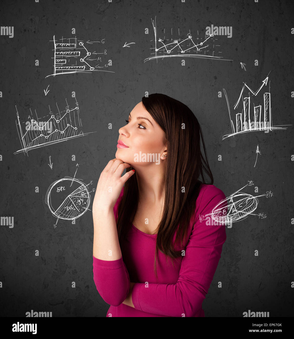 Young woman thinking with charts circulation around her head Stock ...