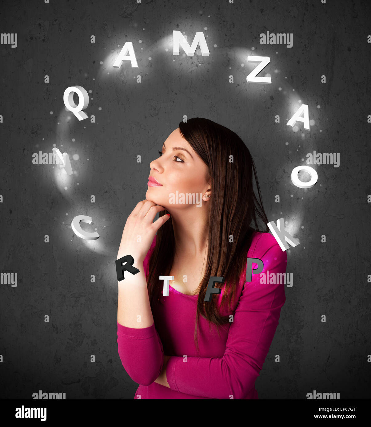 Young woman thinking with letter circulation around her head Stock ...
