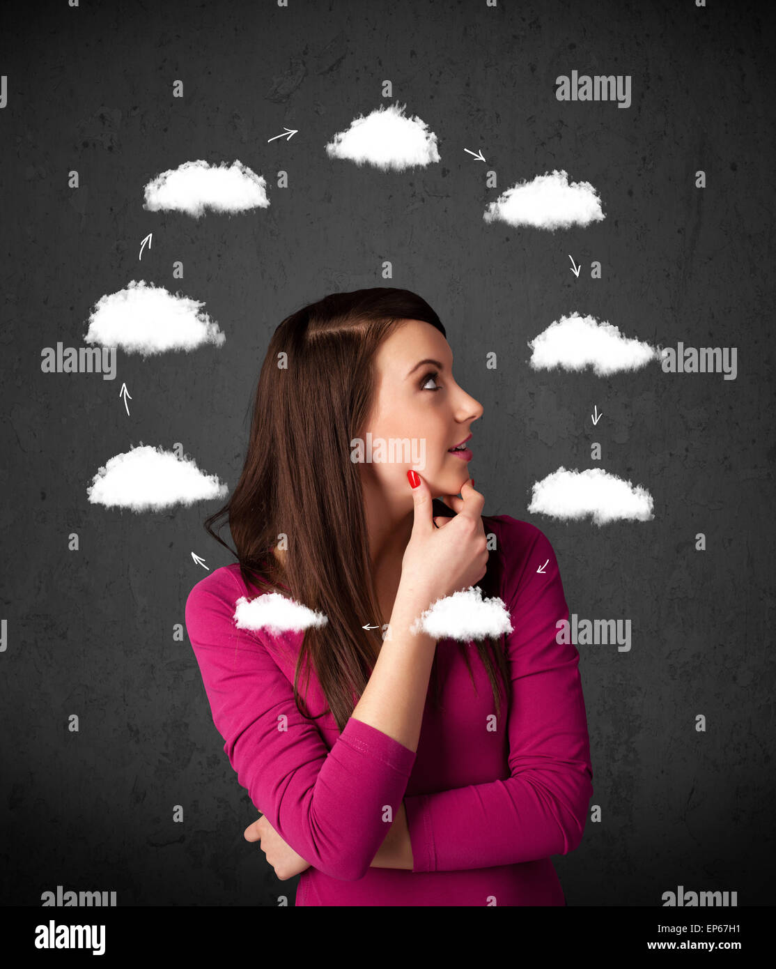 Young woman thinking with cloud circulation around her head Stock Photo ...