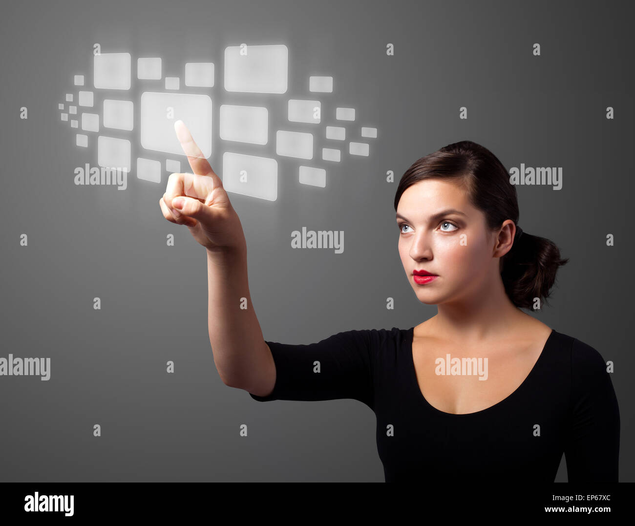 Businesswoman pressing high tech type of modern buttons Stock Photo - Alamy