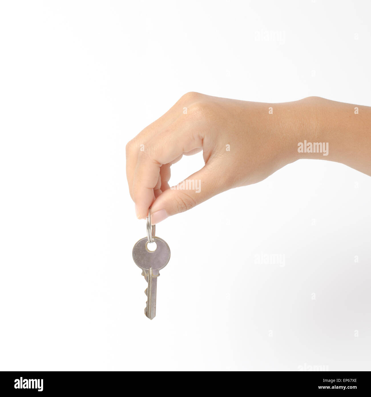 asia woman right hand holding key on a white background Stock Photo - Alamy