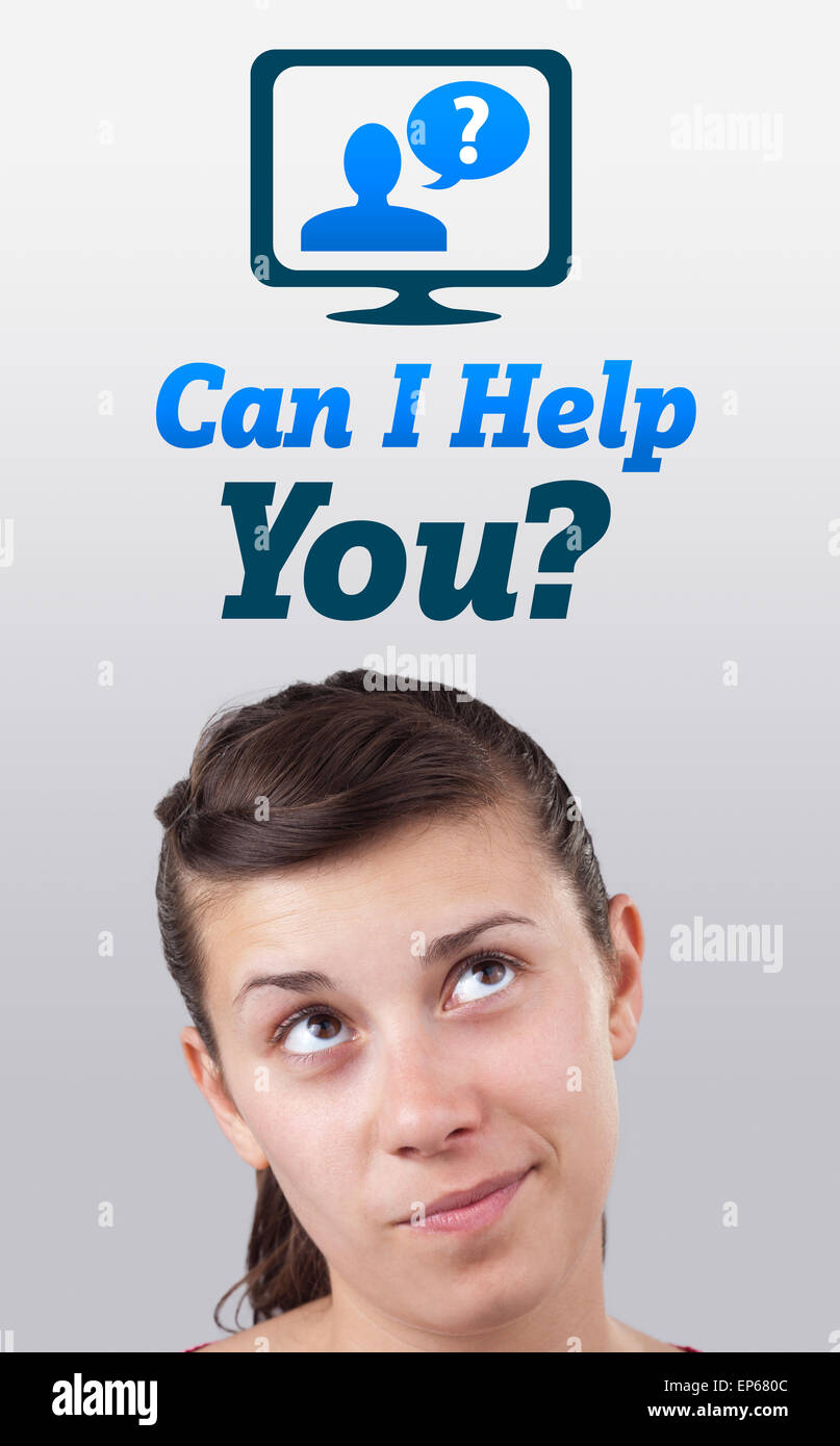 Young girl looking at support contact type of icons and signs Stock ...