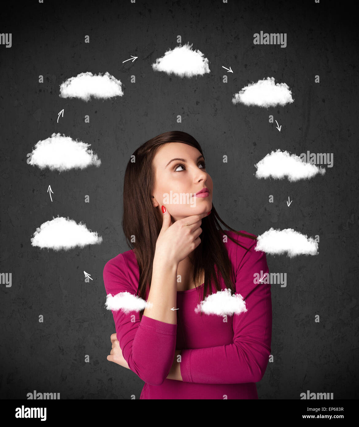 Young woman thinking with cloud circulation around her head Stock Photo ...