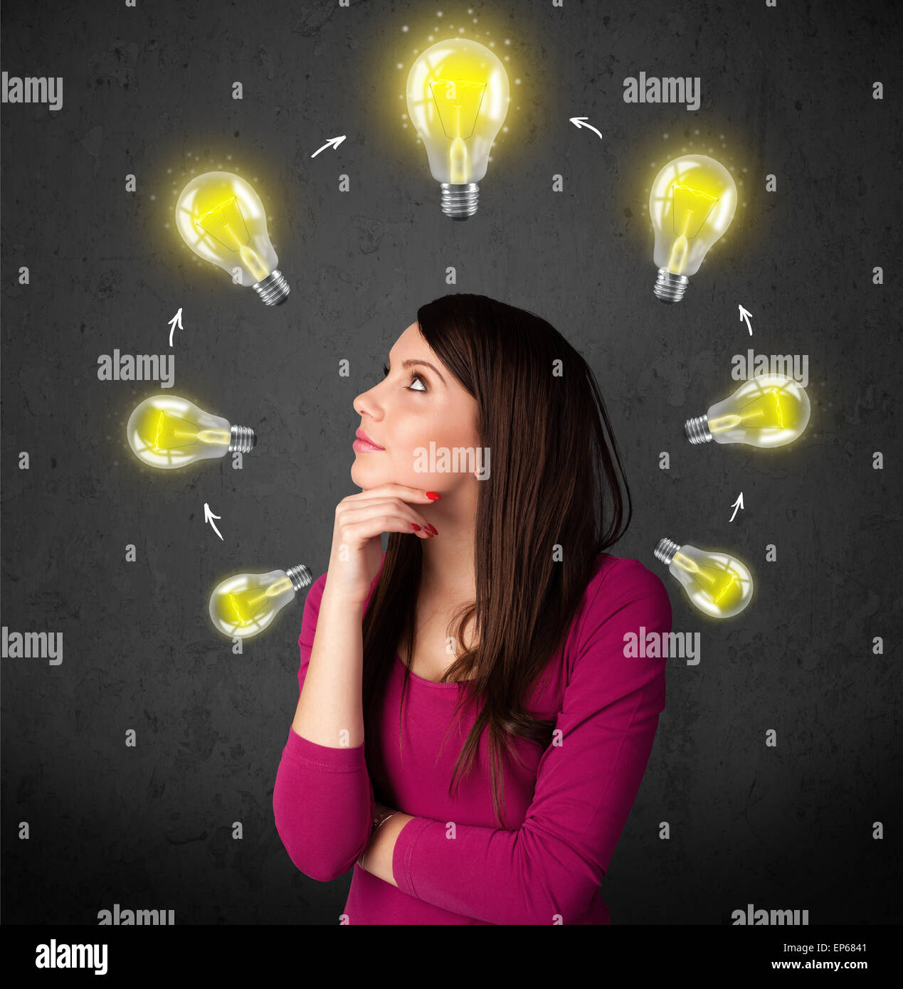 Young woman thinking with lightbulb circulation around her head Stock ...