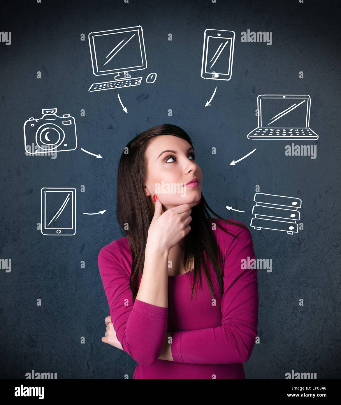 Young woman thinking with drawn gadgets around her head Stock Photo - Alamy