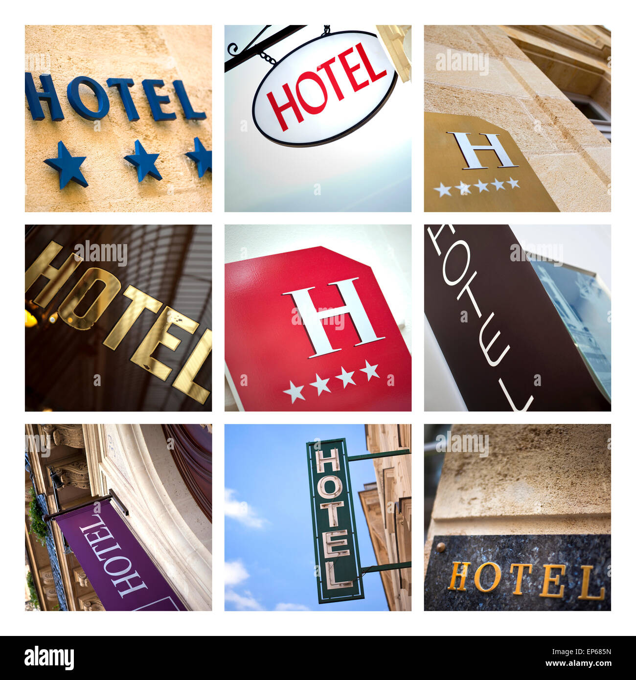Hotel signs and close up on a collage Stock Photo - Alamy