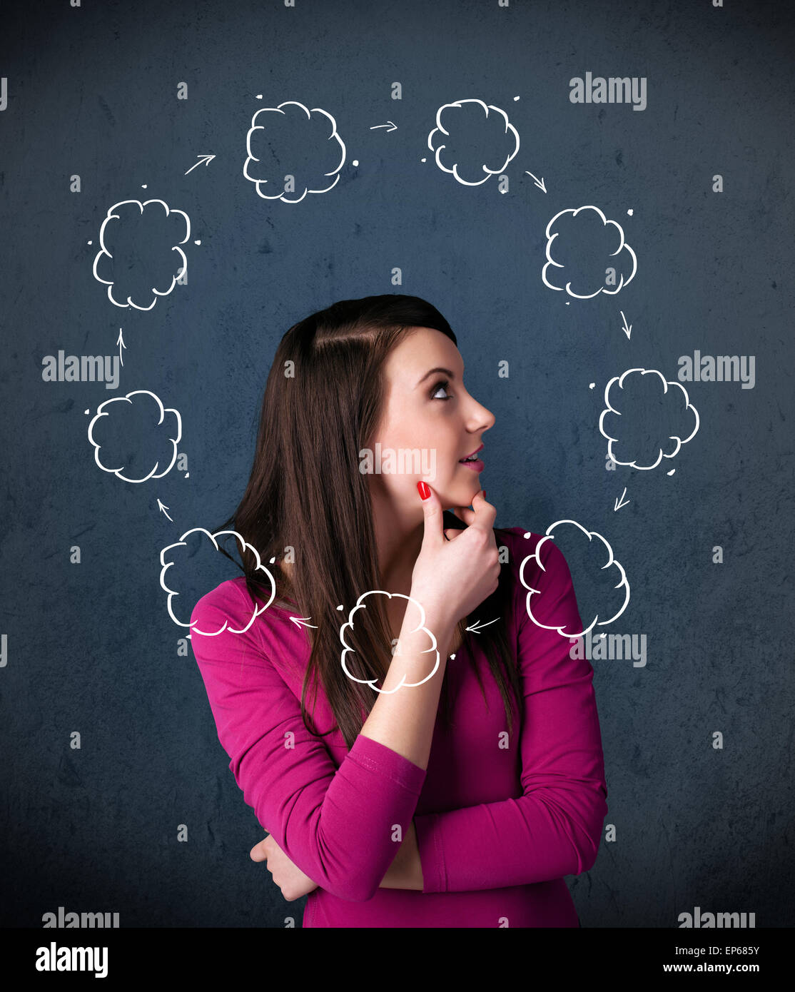 Young woman thinking with cloud circulation around her head Stock Photo ...
