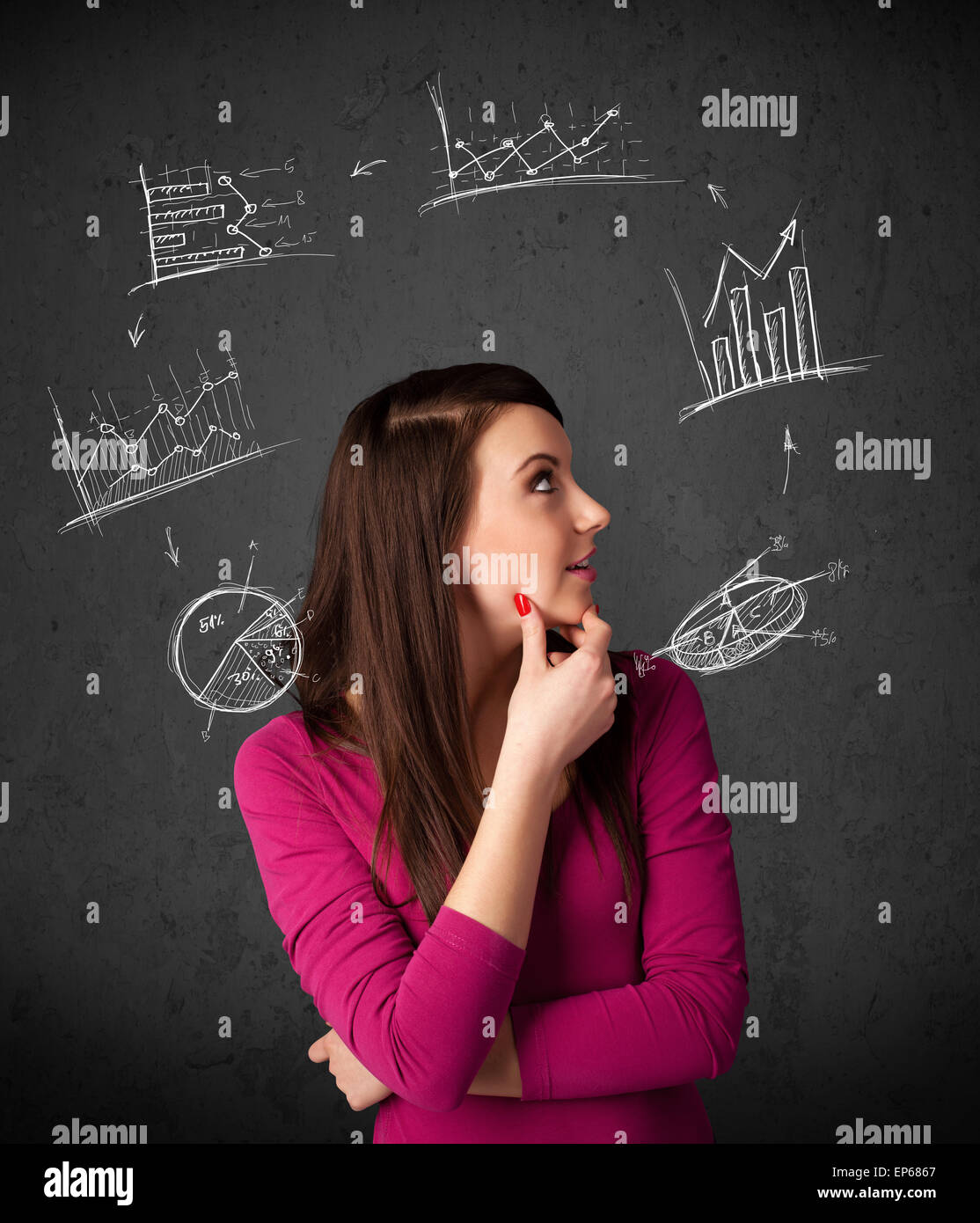 Young woman thinking with charts circulation around her head Stock ...