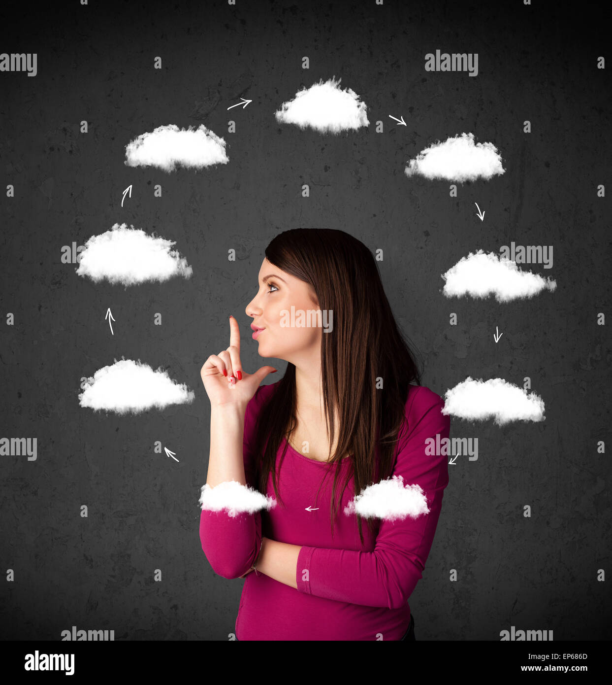Young woman thinking with cloud circulation around her head Stock Photo ...