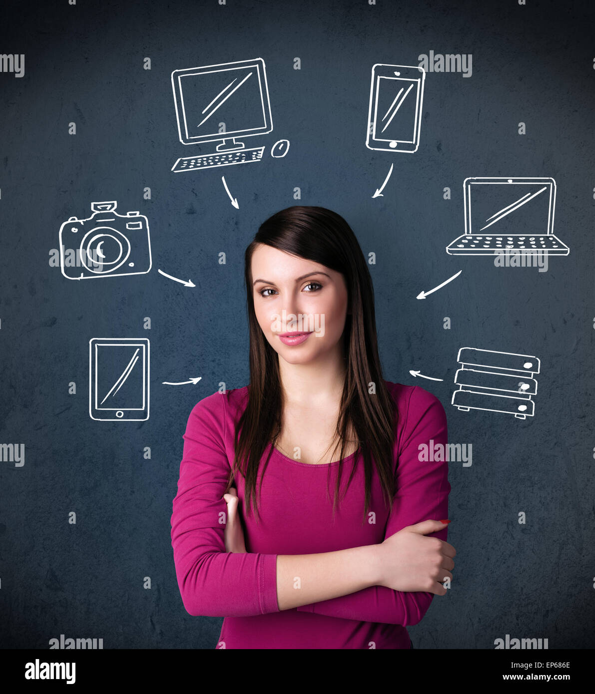 Young woman thinking with drawn gadgets around her head Stock Photo - Alamy