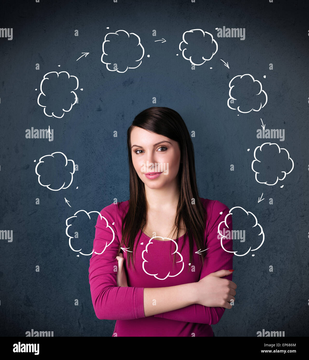Young woman thinking with cloud circulation around her head Stock Photo ...