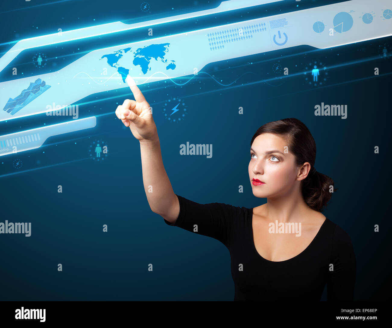 Businesswoman pressing high tech type of modern buttons Stock Photo - Alamy