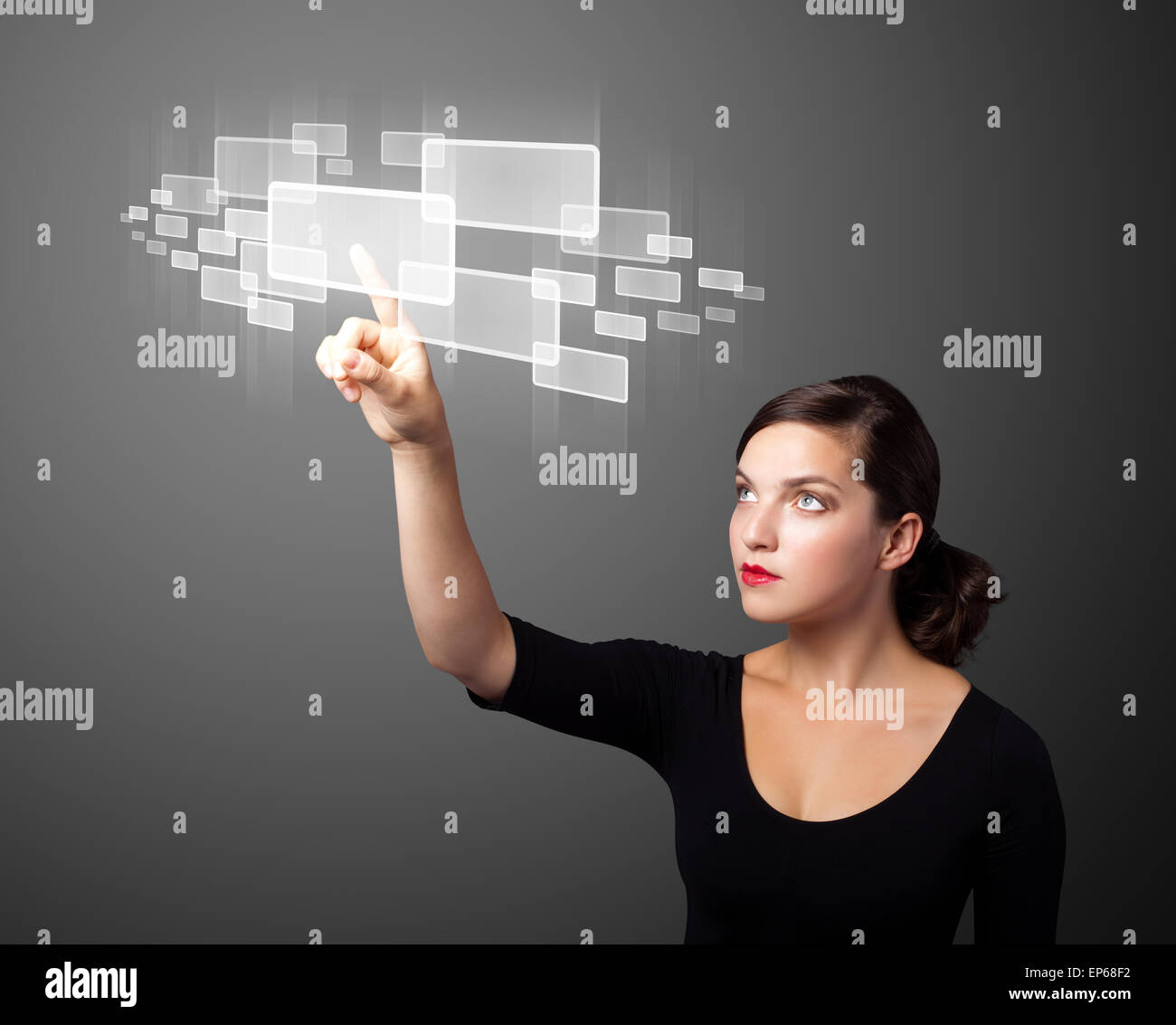 Businesswoman pressing high tech type of modern buttons Stock Photo - Alamy