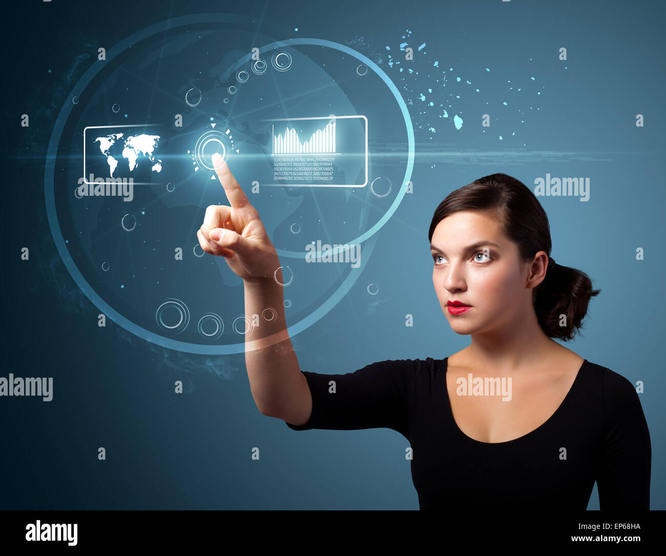 Businesswoman pressing high tech type of modern buttons Stock Photo - Alamy